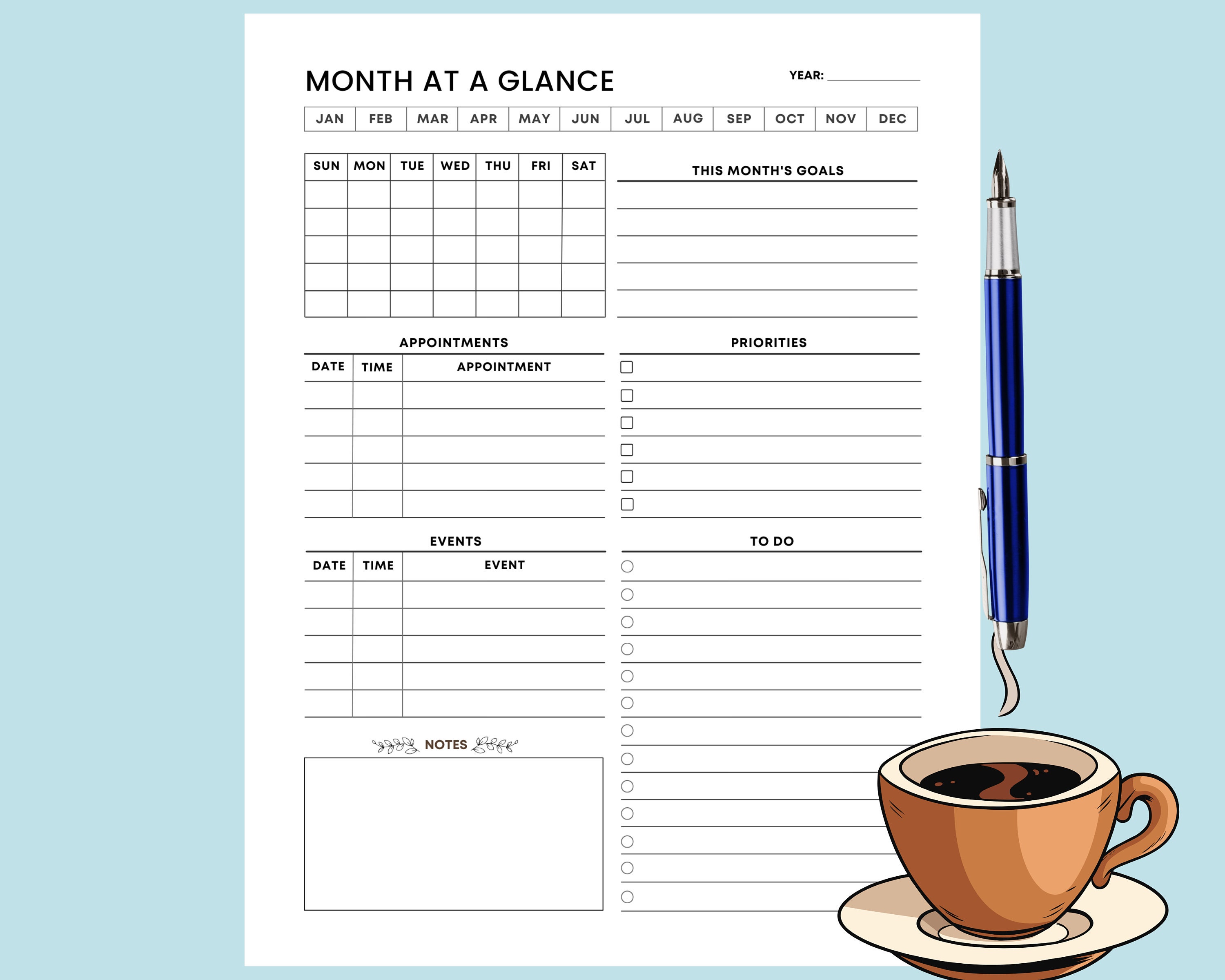 Month at a Glance Printable Monthly Schedule Planner PDF Monthly to Do ...