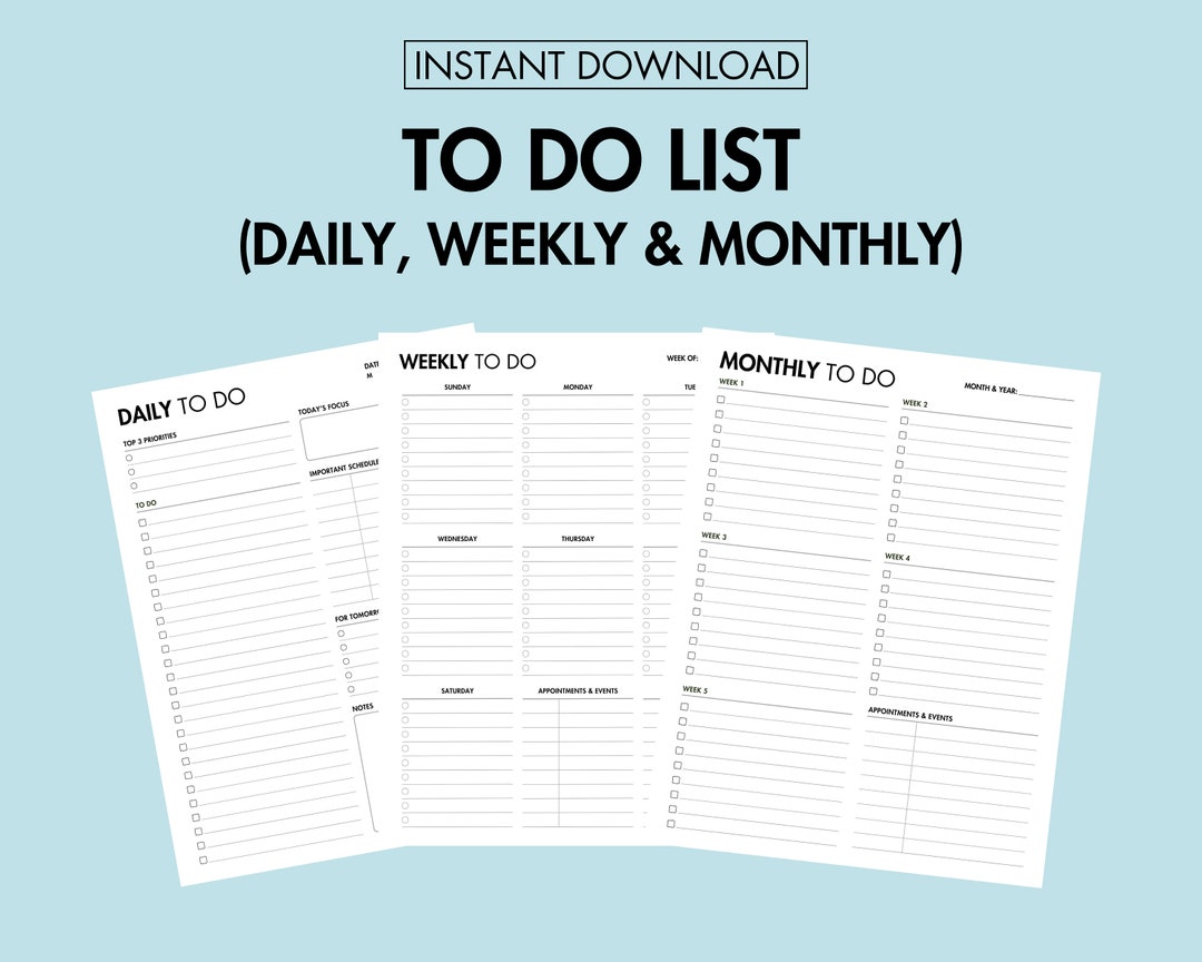 To Do List Planner Printable Time Management PDF Daily Weekly Monthly ...