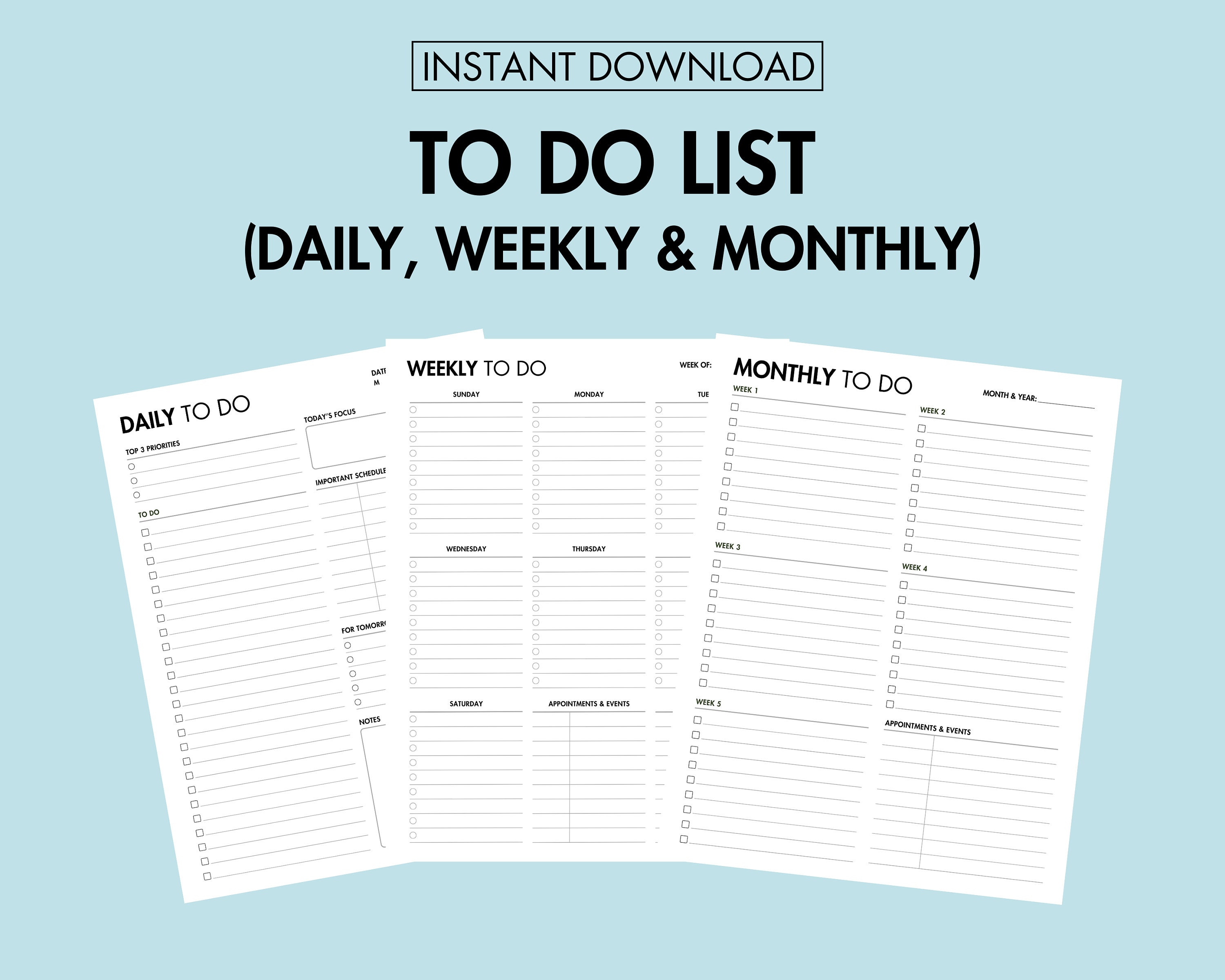 To Do List Planner Printable Time Management PDF Daily Weekly Monthly ...
