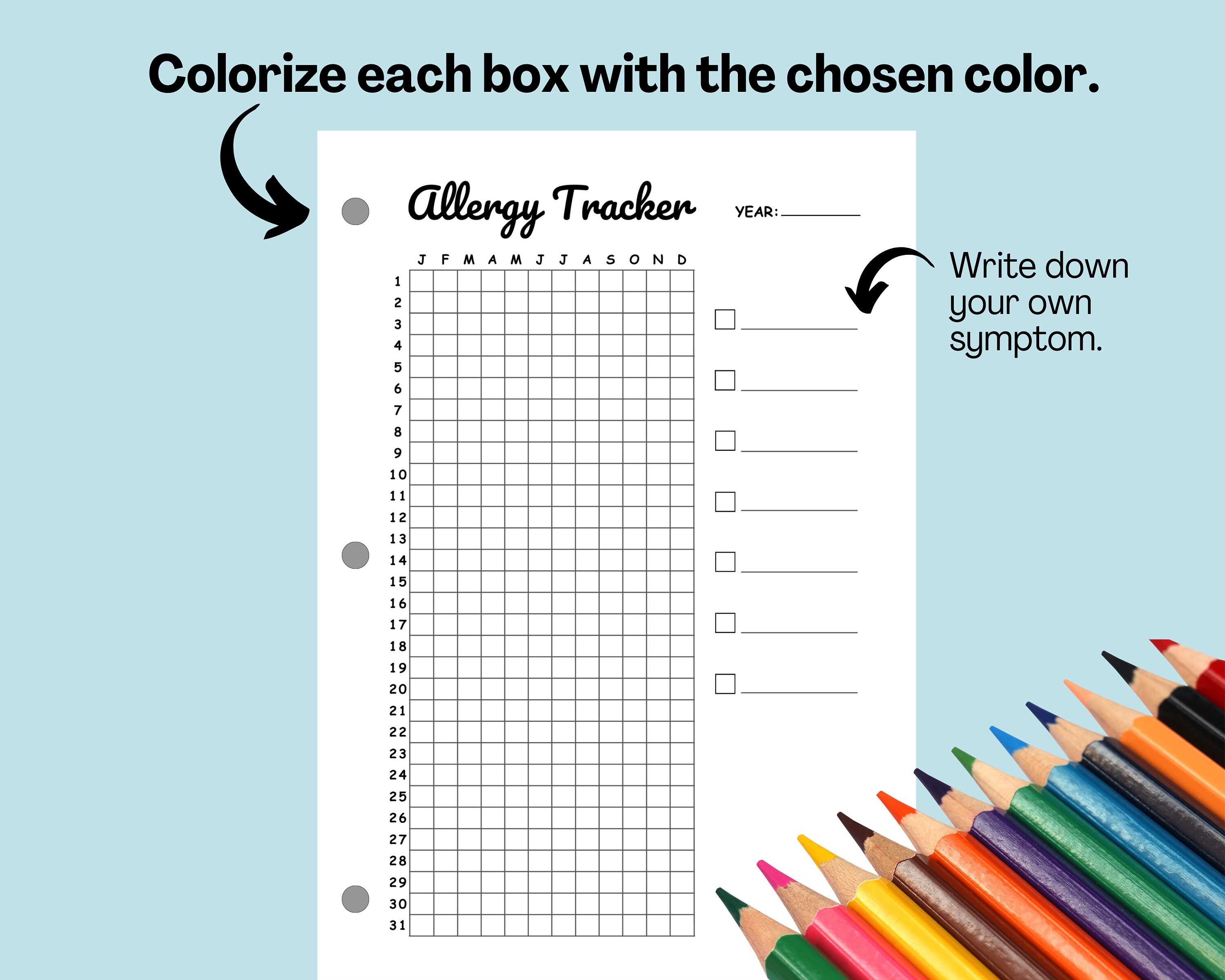Allergy Tracker Printable, Allergy Symptom Log, Symptom Tracker, Yearly ...