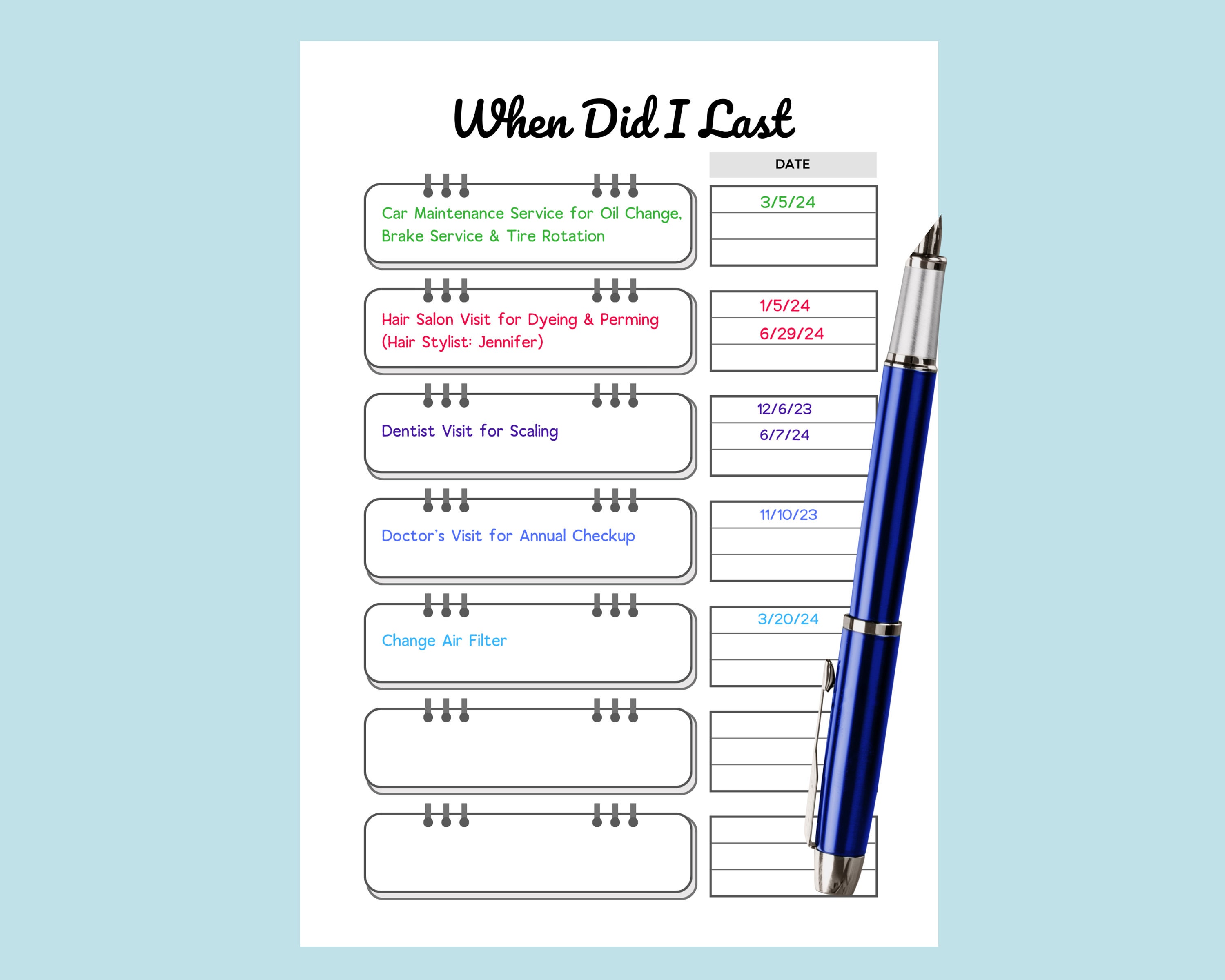 Recurring Task Log Printable Task Reminder PDF When Did I Last ...