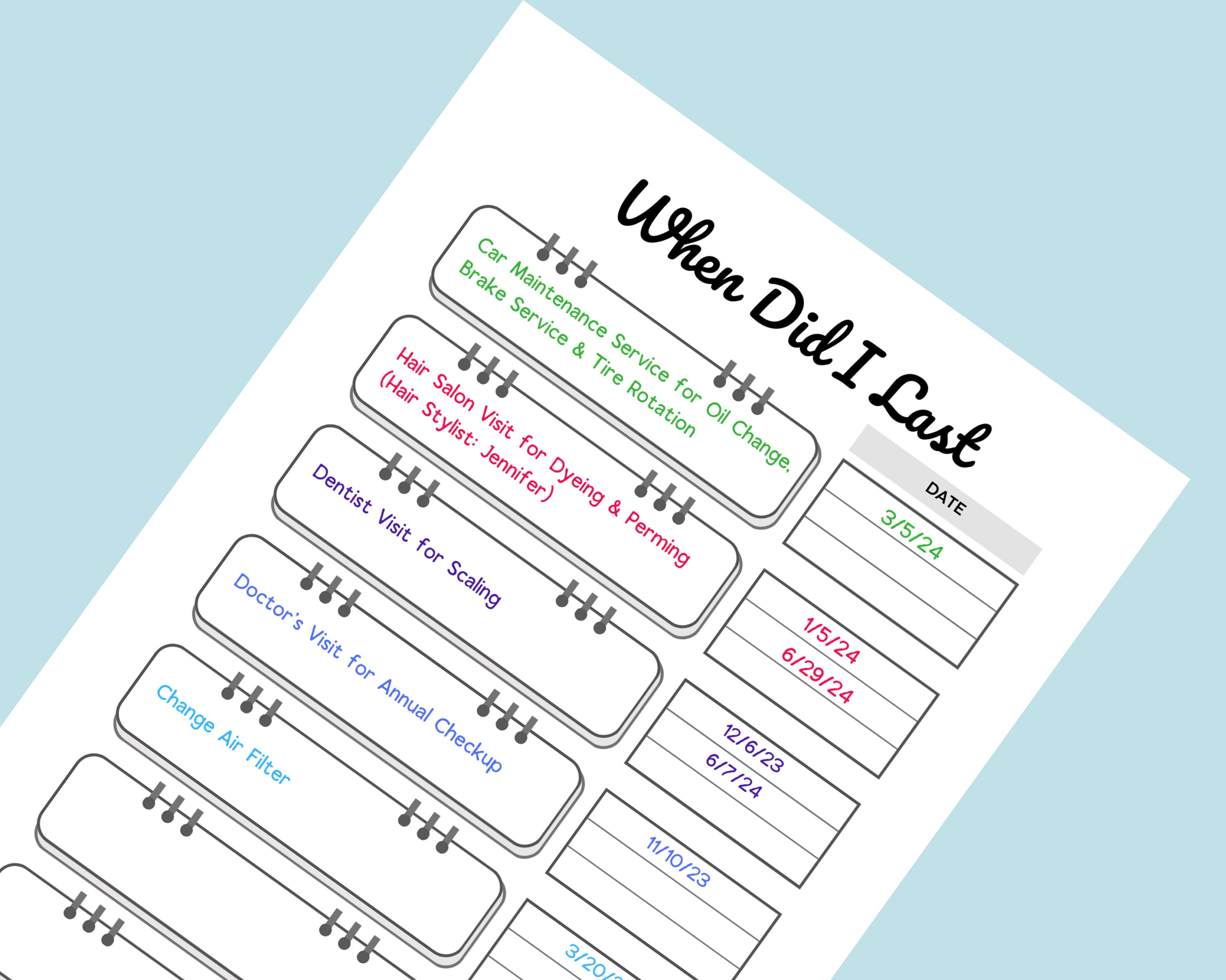 Recurring Task Log Printable Task Reminder PDF When Did I Last ...