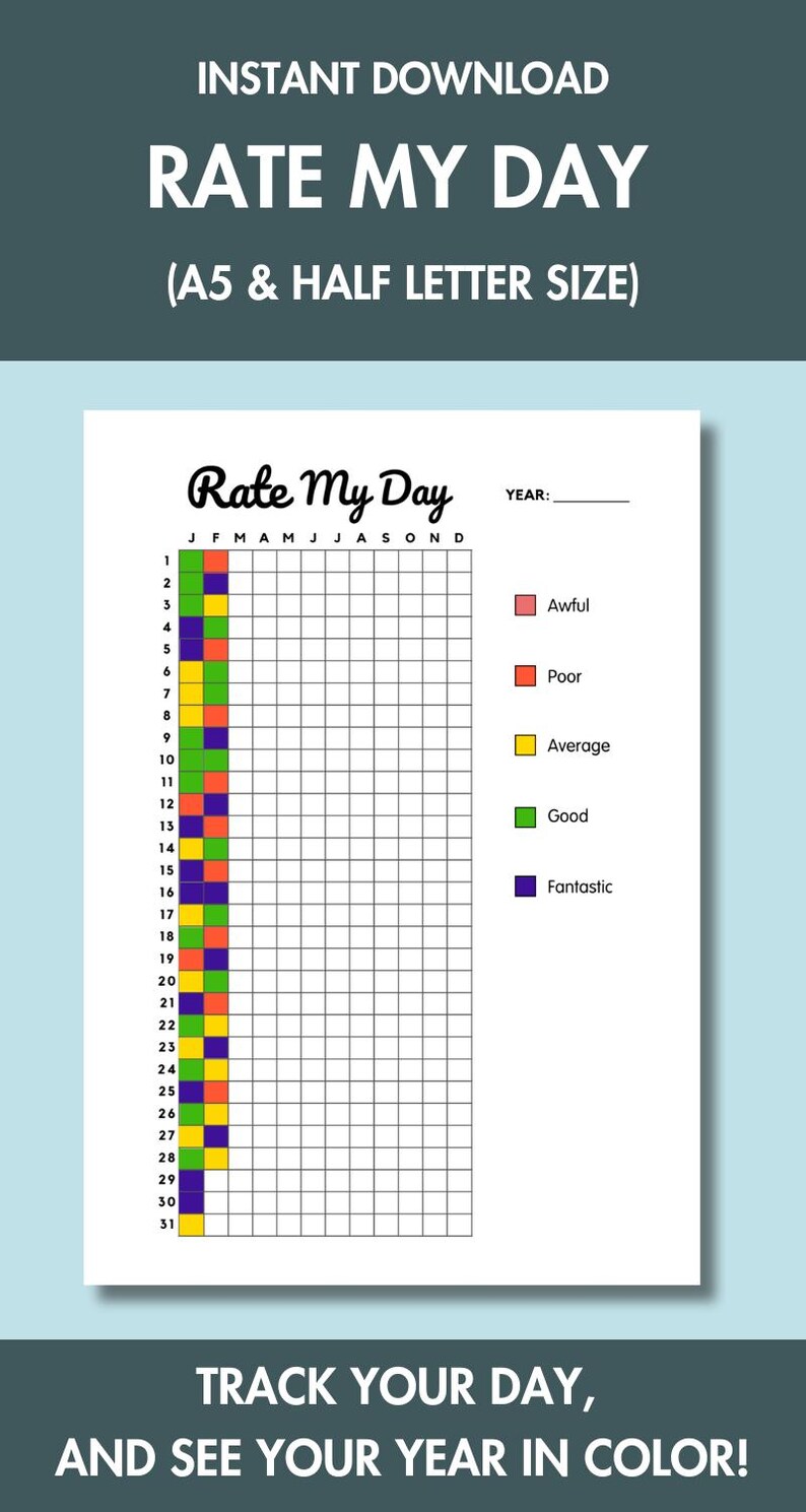 Rate My Day Tracker Printable Daily Rating Tracker Year in Pixels ...