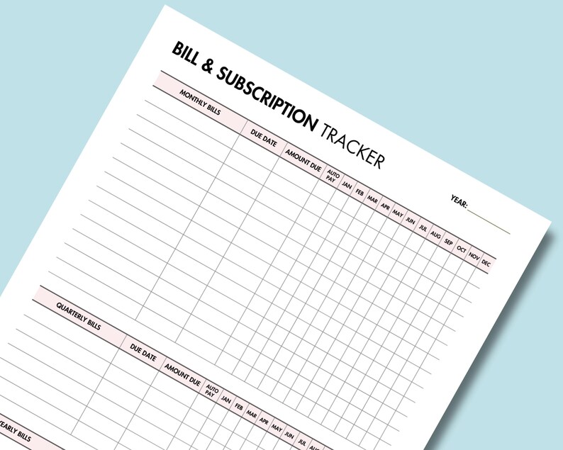 Bill Payment Tracker Printable Monthly Quarterly Yearly Bill and ...