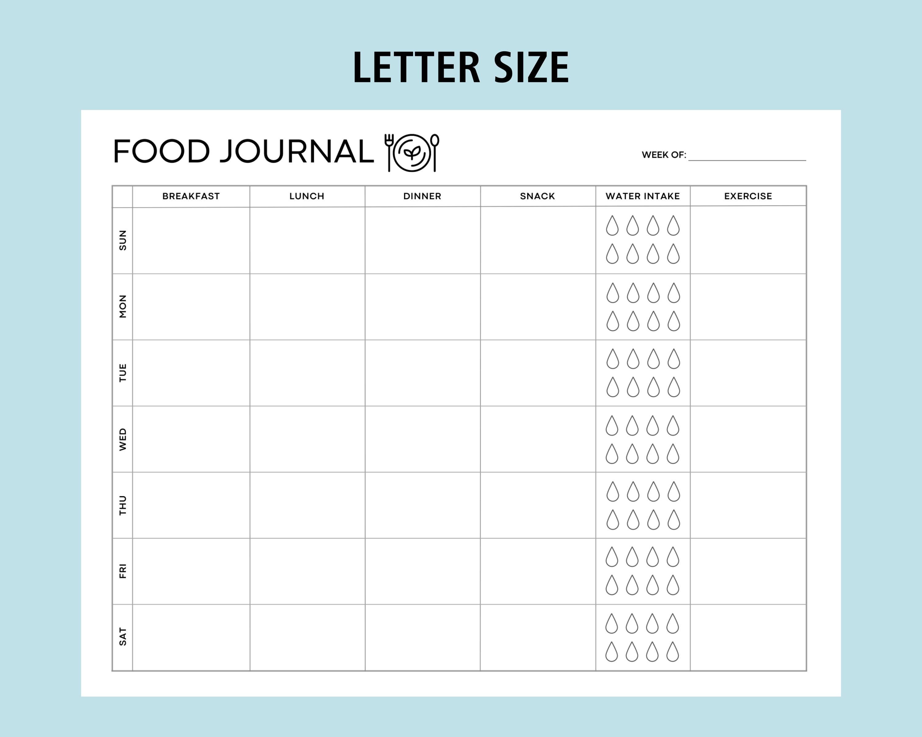 Weekly Food Journal Printable Weekly Food Diary, Meal Planner and Water ...