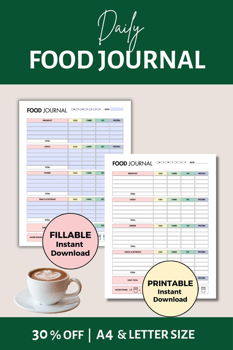 Daily Food Journal Printable and Fillable Calorie Tracker, Daily Food ...