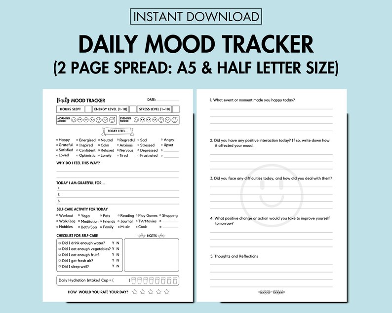 Daily Mood Tracker Printable Mood Journal, Self Care Checklist, Daily ...