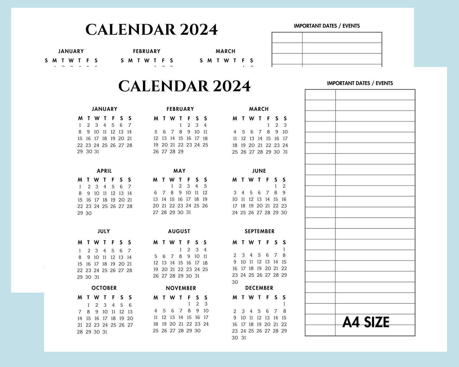 2024 Yearly Calendar With Important Dates, Year at a Glance Calendar ...