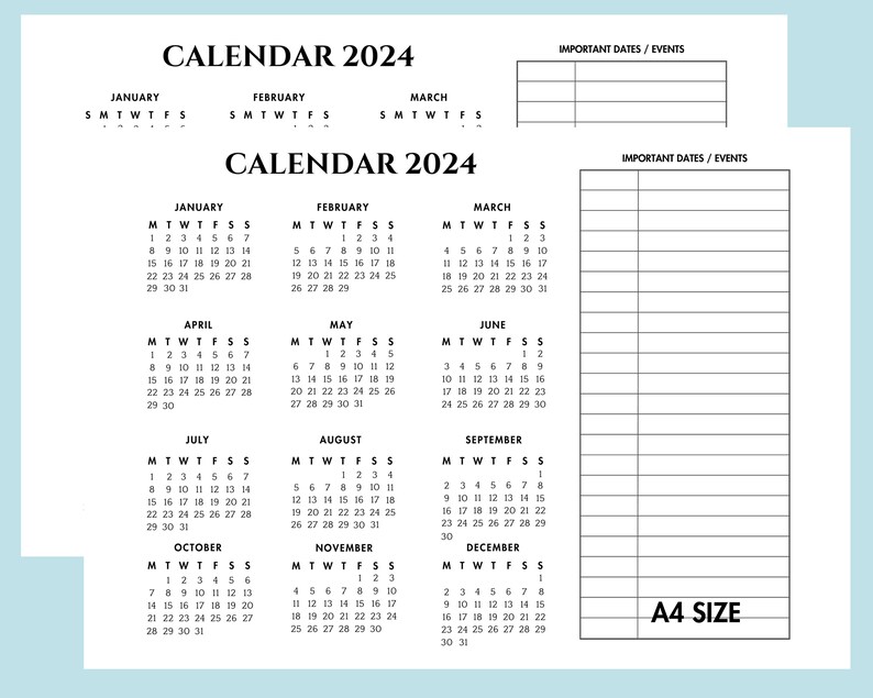 2024 Yearly Calendar With Important Dates, Year at a Glance Calendar ...