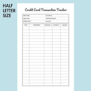 Credit Card Transaction Tracker Printable Debt Tracker PDF, Personal ...