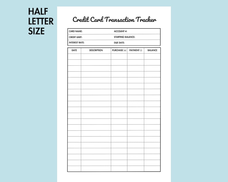 Credit Card Transaction Tracker Printable Debt Tracker PDF, Personal ...