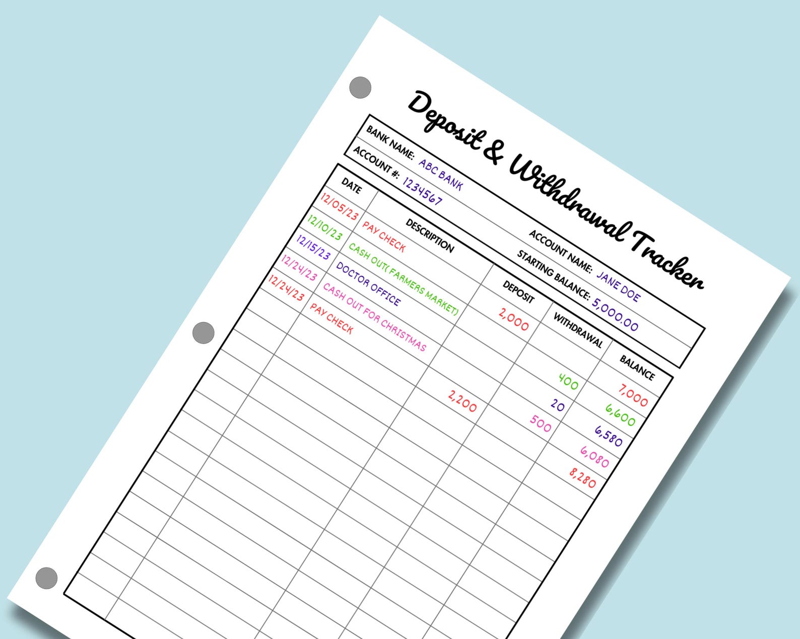Deposit & Withdrawal Tracker Printable Bank Account Ledger PDF ...