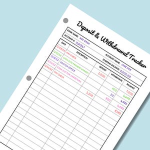 Deposit & Withdrawal Tracker Printable Bank Account Ledger PDF ...