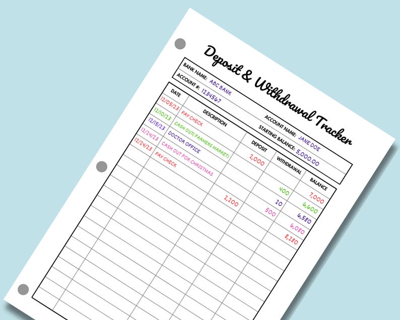 Deposit & Withdrawal Tracker Printable Bank Account Ledger PDF ...