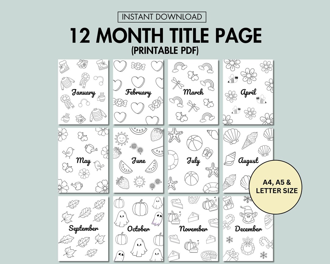 12 Month Title Page, Monthly Journal Cover Printable Instant Download ...