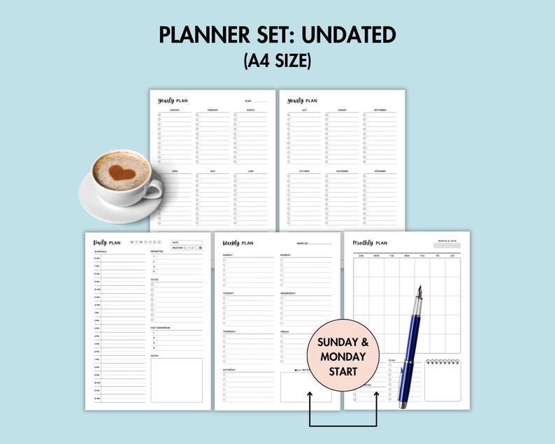 Undated Planner Bundle Printable Daily Weekly Monthly & Yearly Planner ...