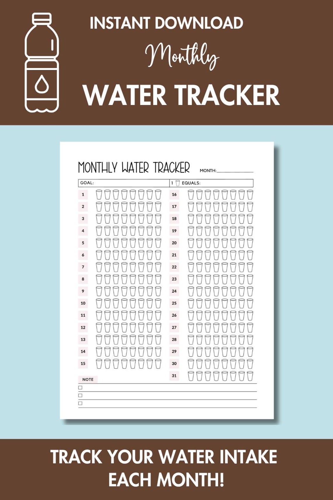 Water Tracker Printable Instant Download Monthly Water Intake Log Sheet ...