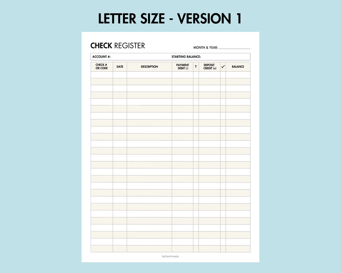 Checkbook Register Printable Bank Account Tracker for Personal Finance ...
