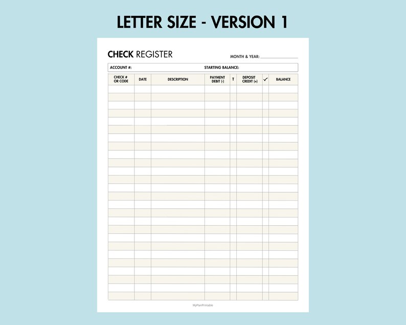 Checkbook Register Printable Bank Account Tracker for Personal Finance ...