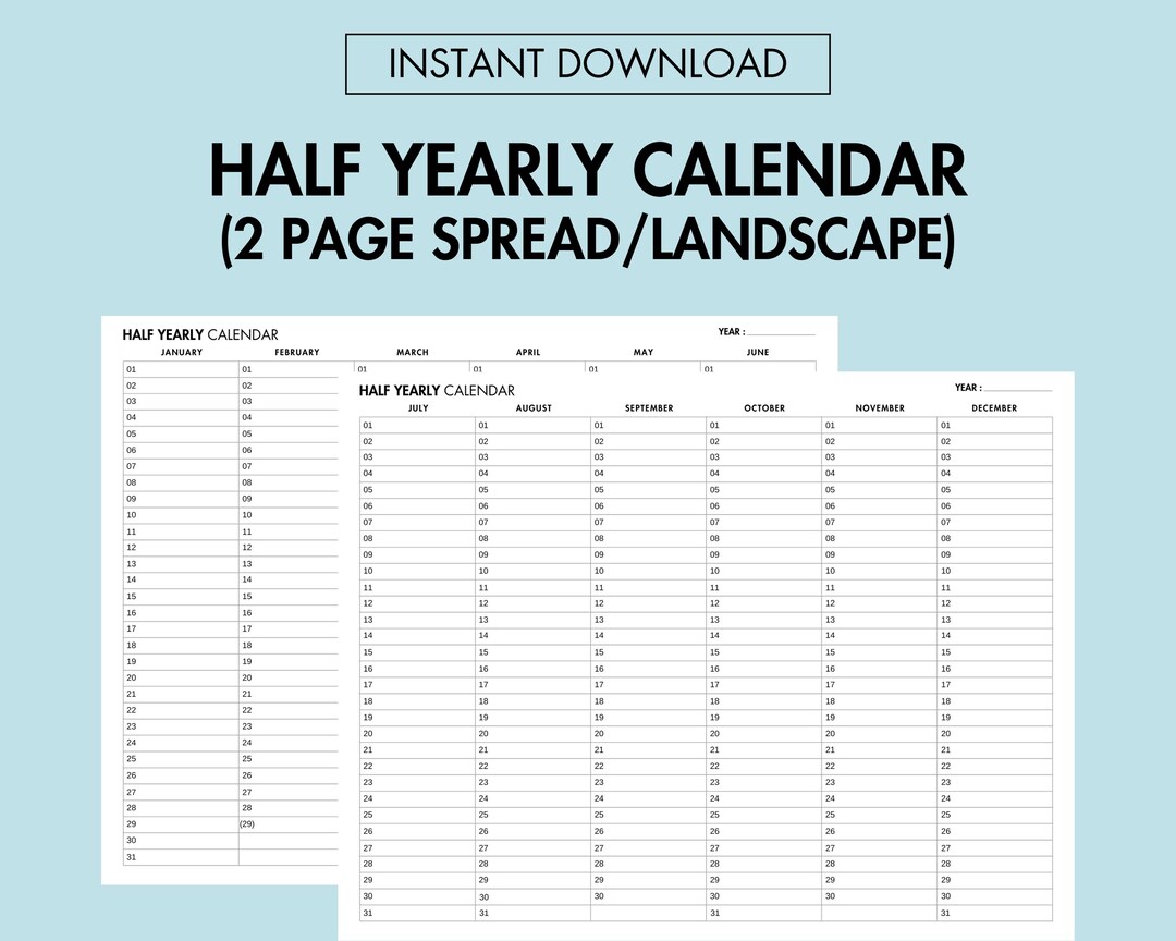 Half Year Calendar Undated Printable Semi Annual Schedule Organizer PDF ...