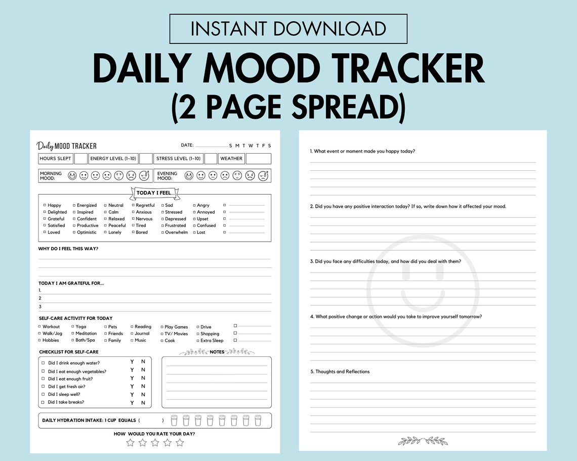 Daily Mood Tracker Journal Printable Self Care Planner Checklist, Daily ...