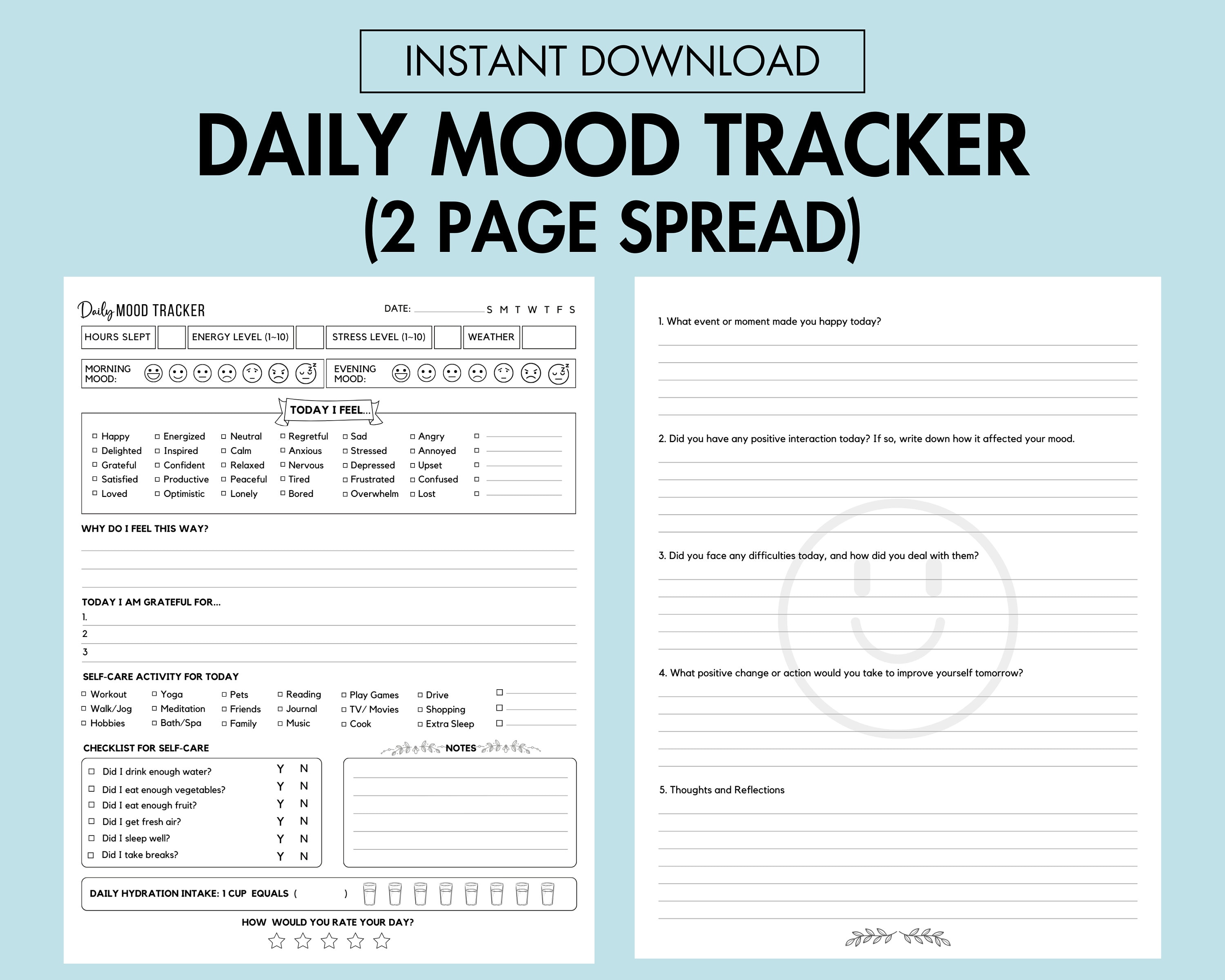 Daily Mood Tracker Journal Printable Self Care Planner Checklist, Daily ...