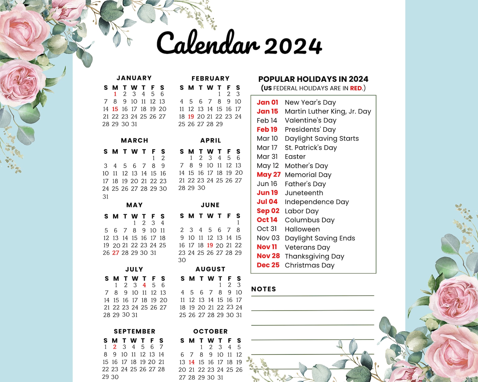 2024 Yearly Calendar Printable, 2024 Yearly View Calendar With US ...