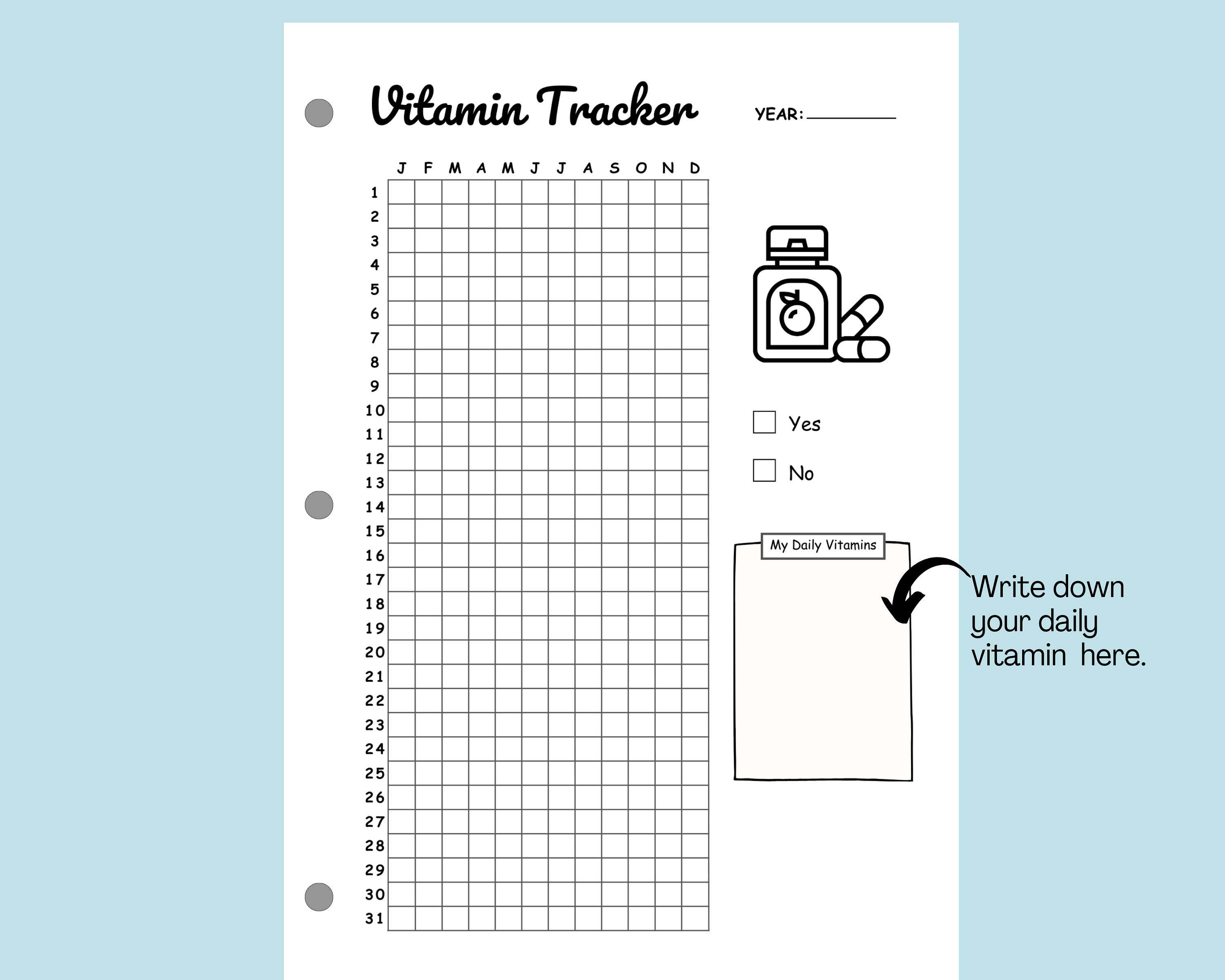Vitamin Tracker Printable, Yearly Vitamin Log, Yearly Pill Tracker ...