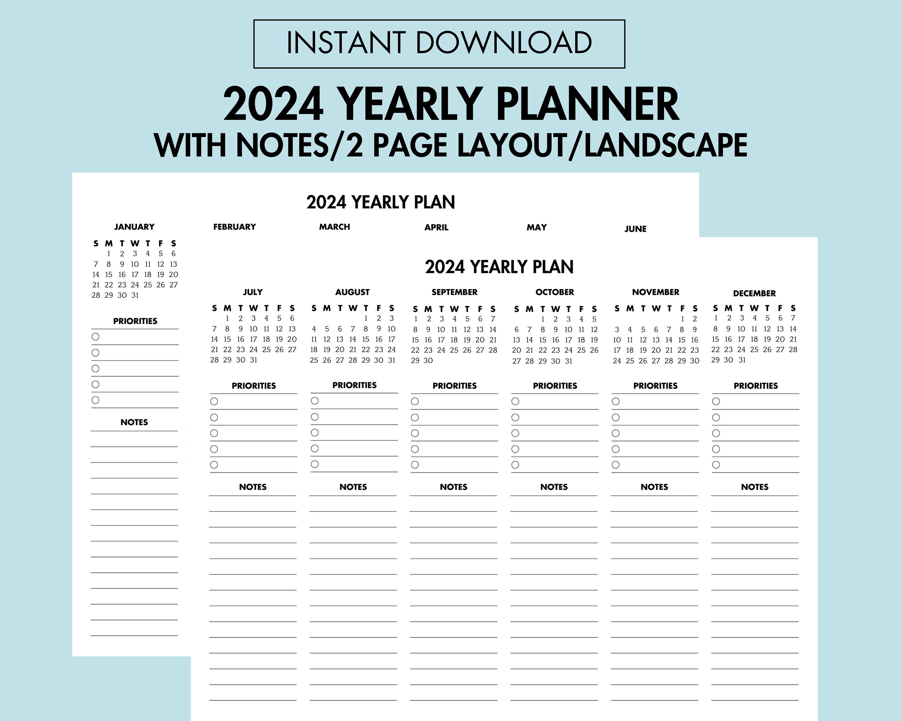 2024 Yearly Planner With Notes, 2024 Yearly Overview Printable Instant ...