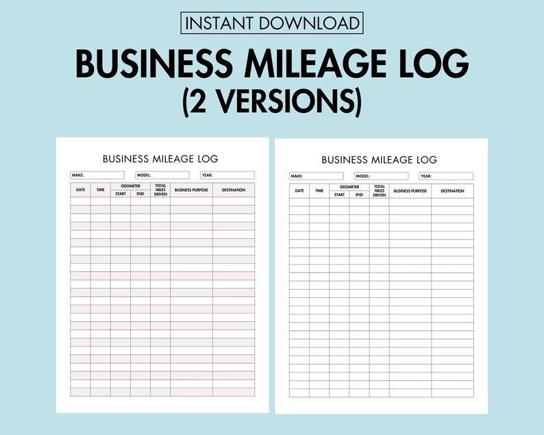 Business Mileage Log Book PDF Printable Vehicle Mileage Log Book for ...
