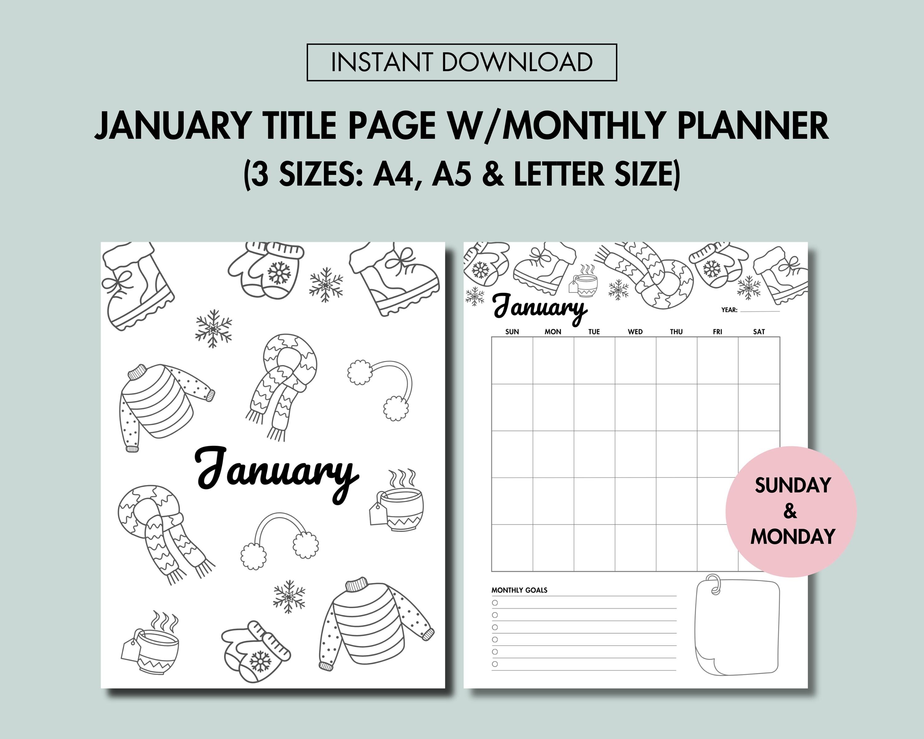 January Title Page Printable Monthly Planner Undated Set January ...