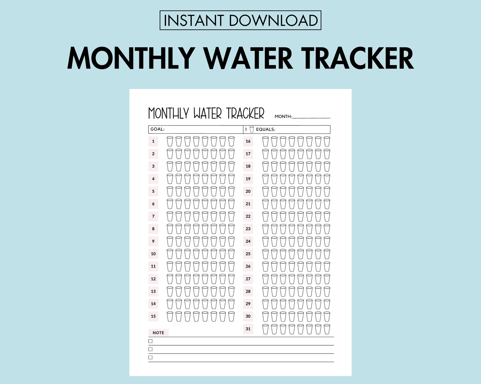 Water Tracker Printable Instant Download Monthly Water Intake Log Sheet ...