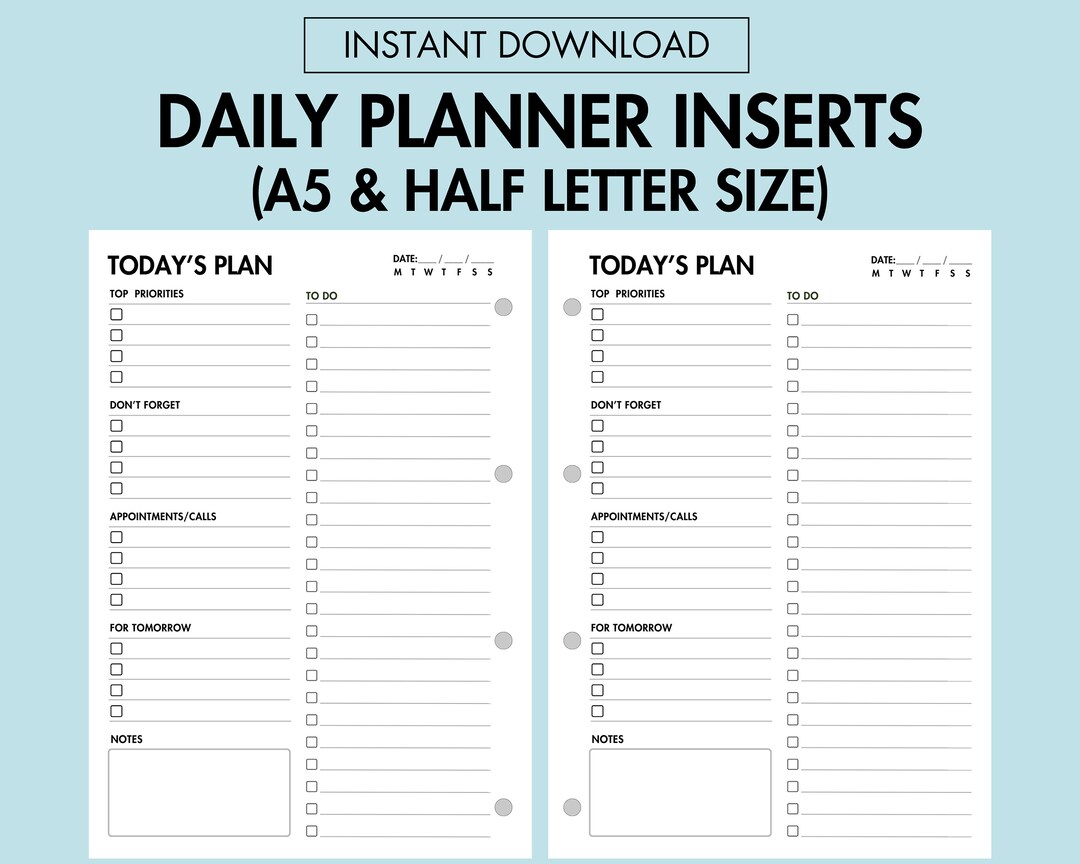 A5 Daily Planner Inserts Printable Half Letter Daily Planner Inserts ...