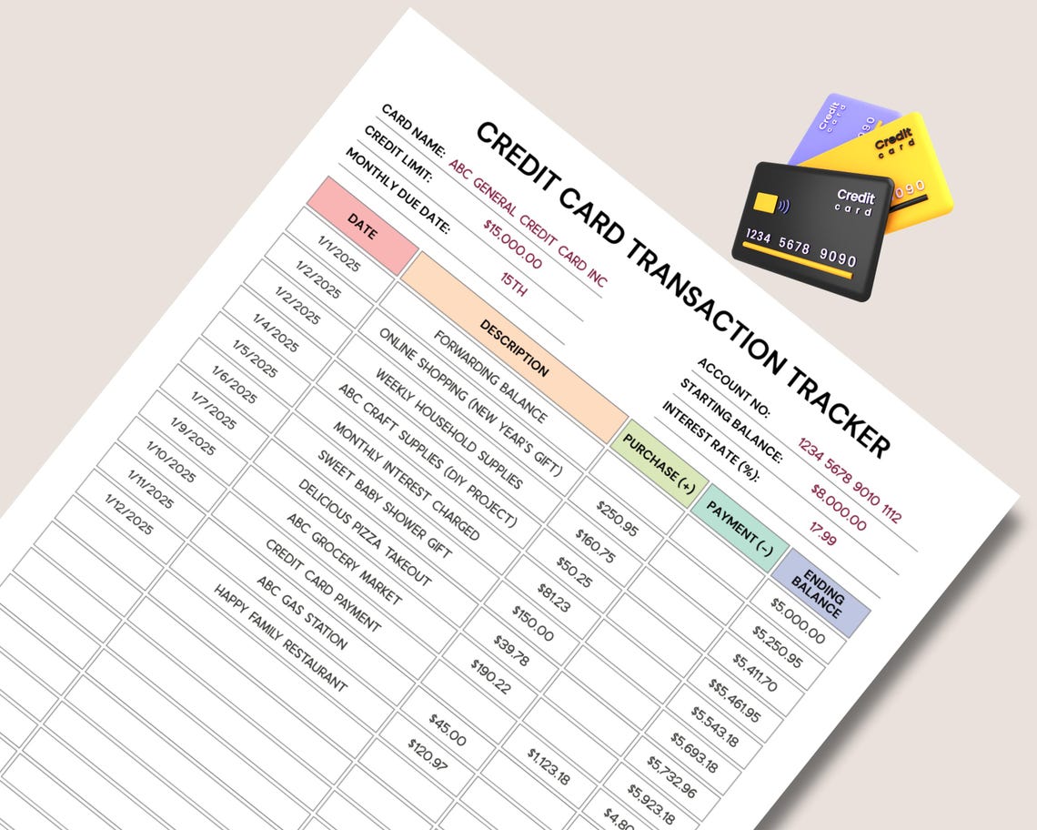 Credit Card Transaction Tracker Printable and Fillable Credit Card Debt ...