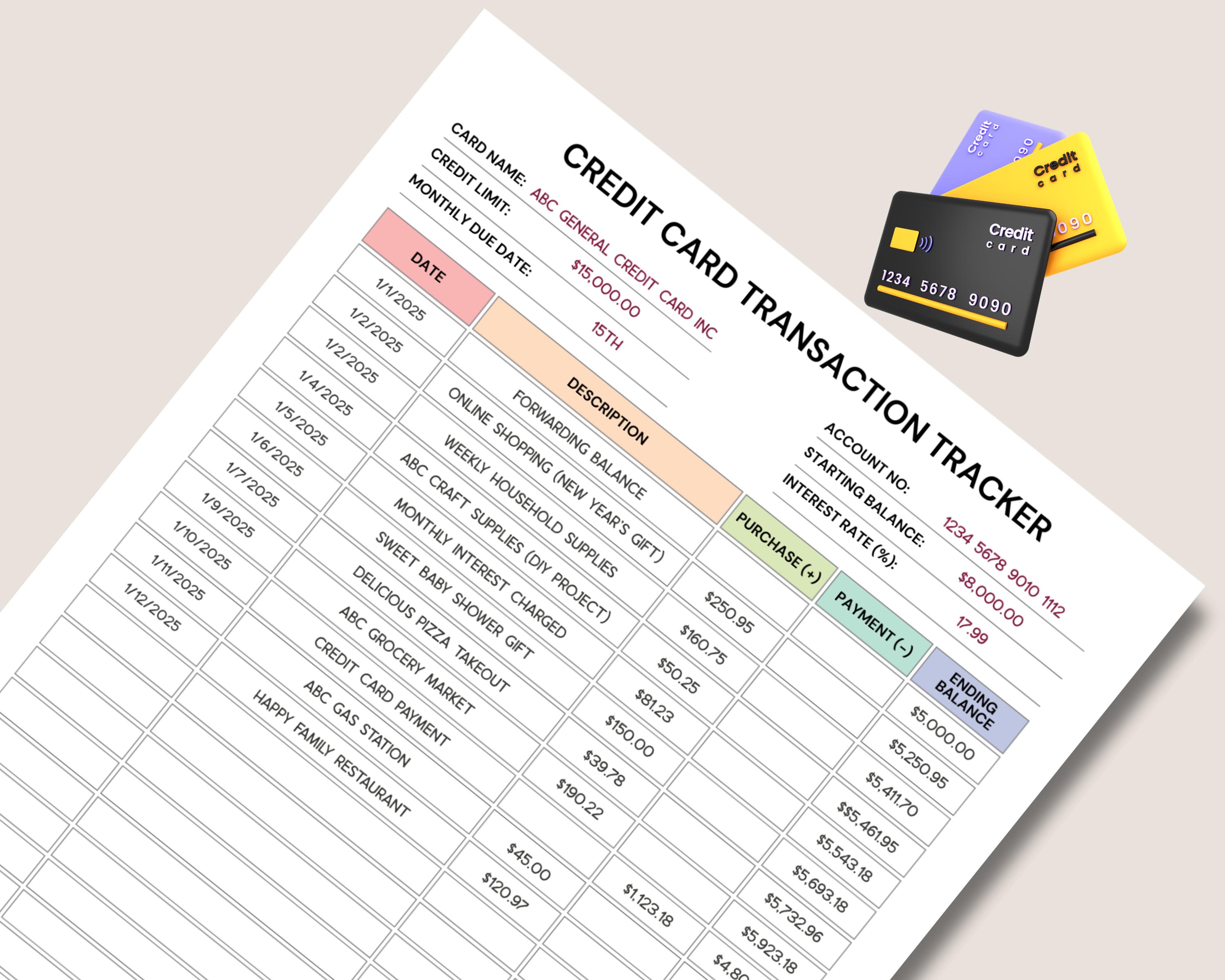 Credit Card Transaction Tracker Printable and Fillable Credit Card Debt ...