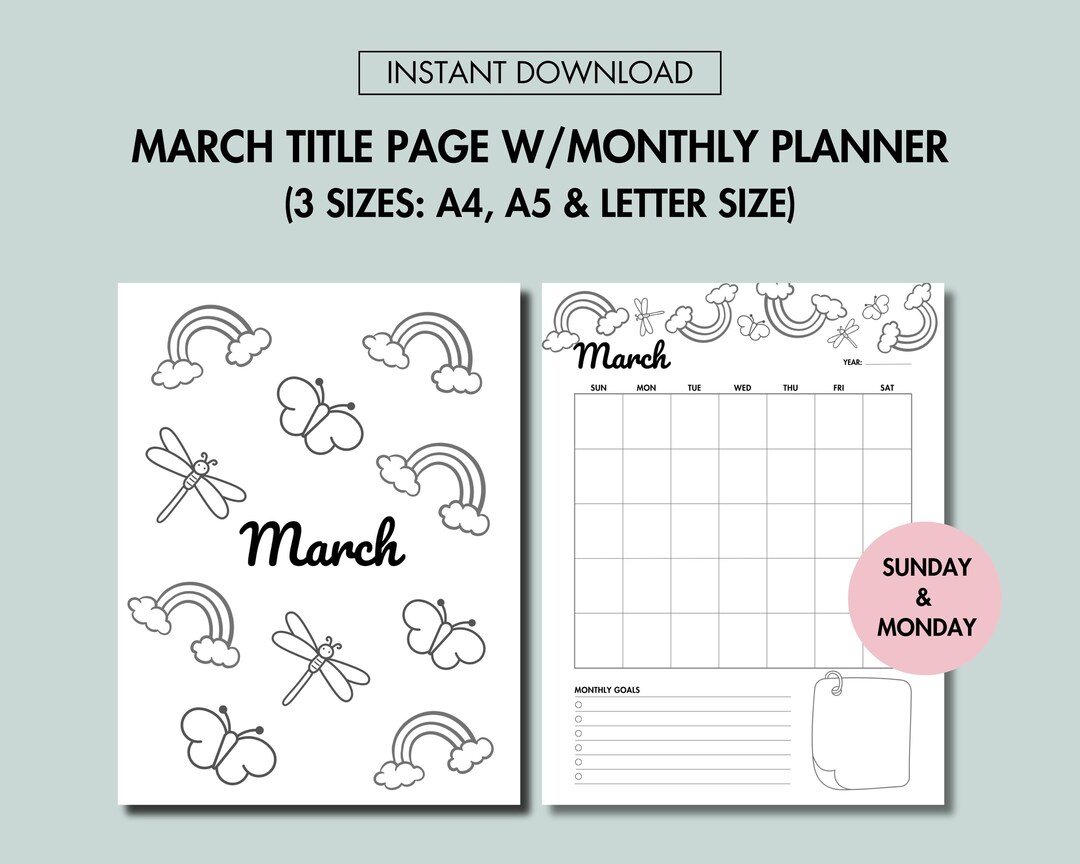 March Title Cover and March Monthly Planner Undated Printable March ...
