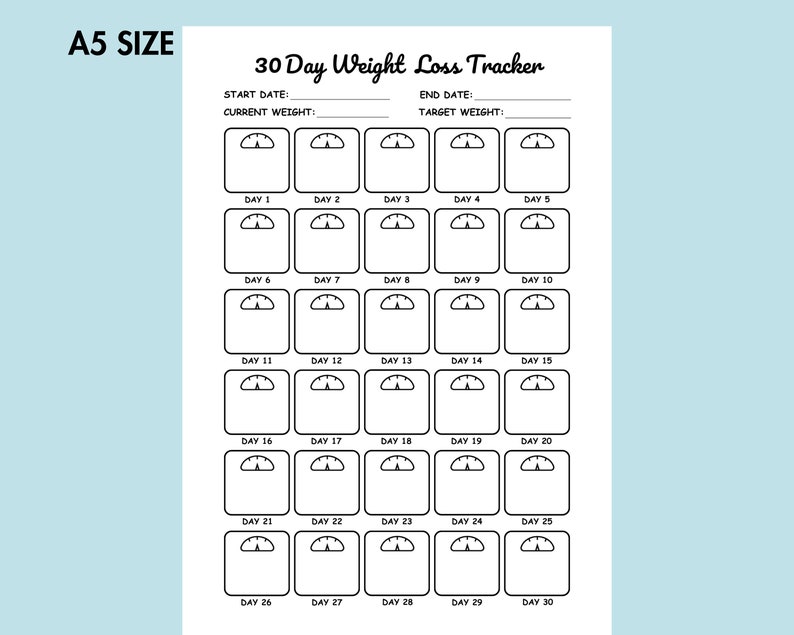 Weight Loss Tracker Printable Daily Weight Loss Journal 30 Day Body ...