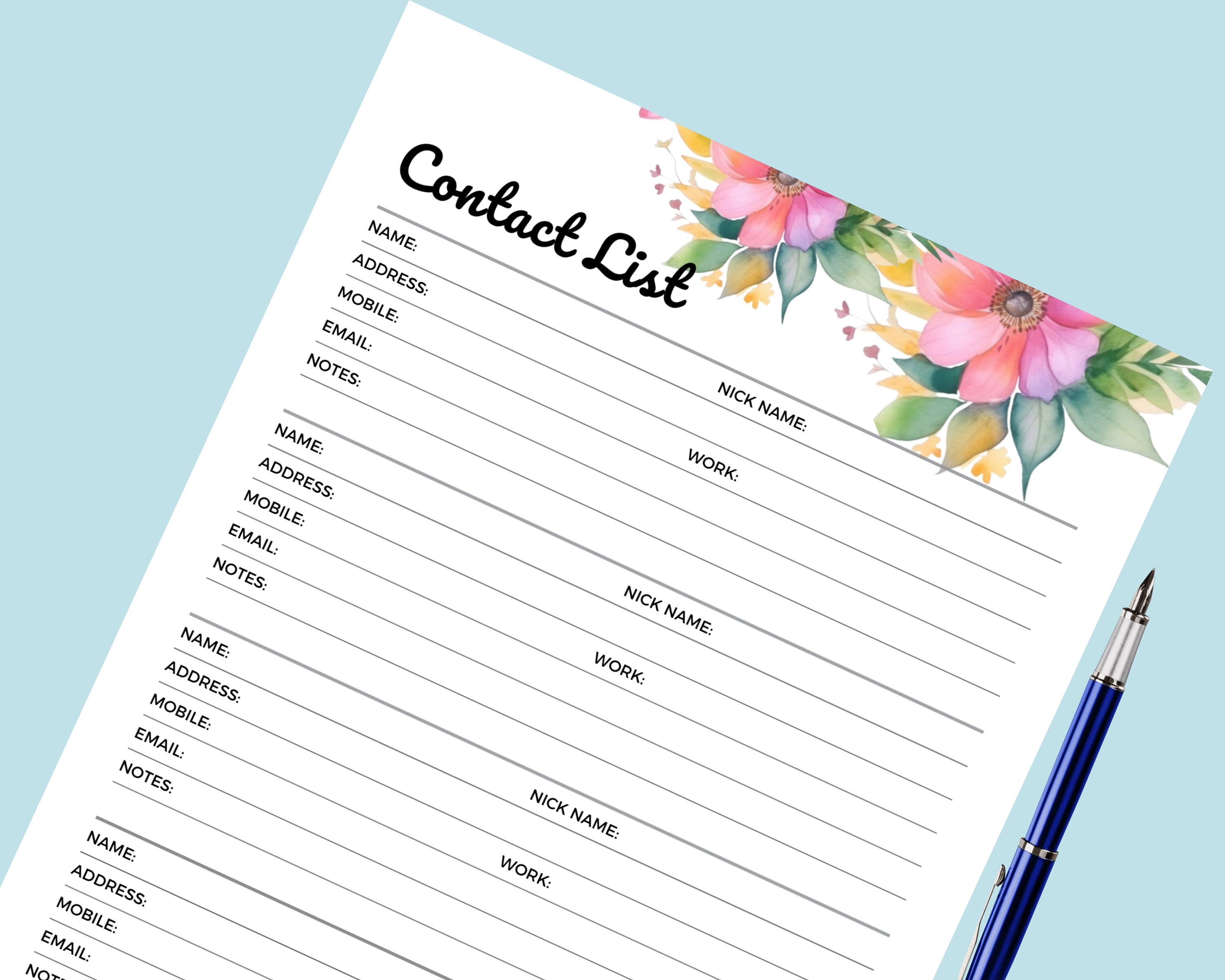 Contact List Printable Address Book PDF Phone Number Organizer ...