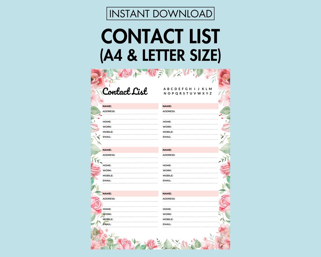 Contact List Printable Address Notebook Organizer PDF, Friend Contact ...