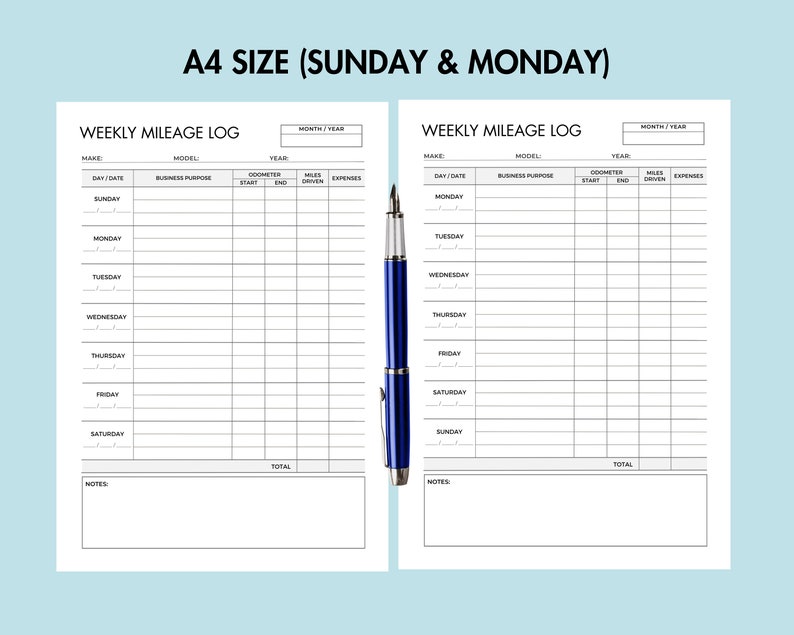 Weekly Business Mileage Log Printable Weekly Mileage Log Tracker PDF ...