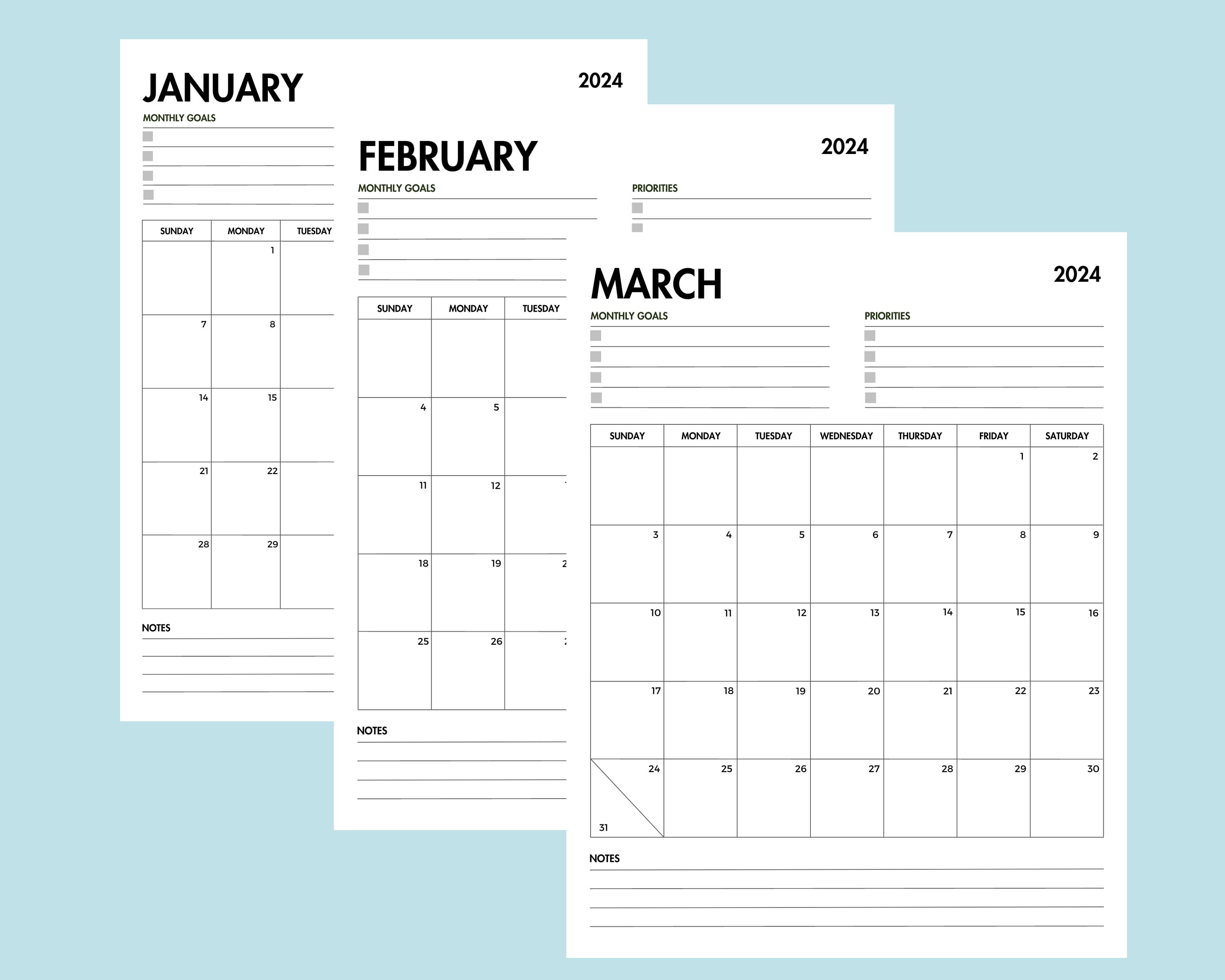 2024 Monthly Calendar Planner Printable 2024 Dated Monthly - Etsy