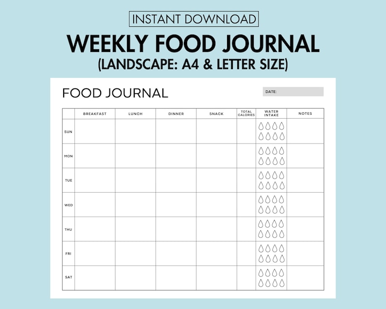Weekly Food Journal Printable Meal Planner PDF Weekly Weight Loss ...