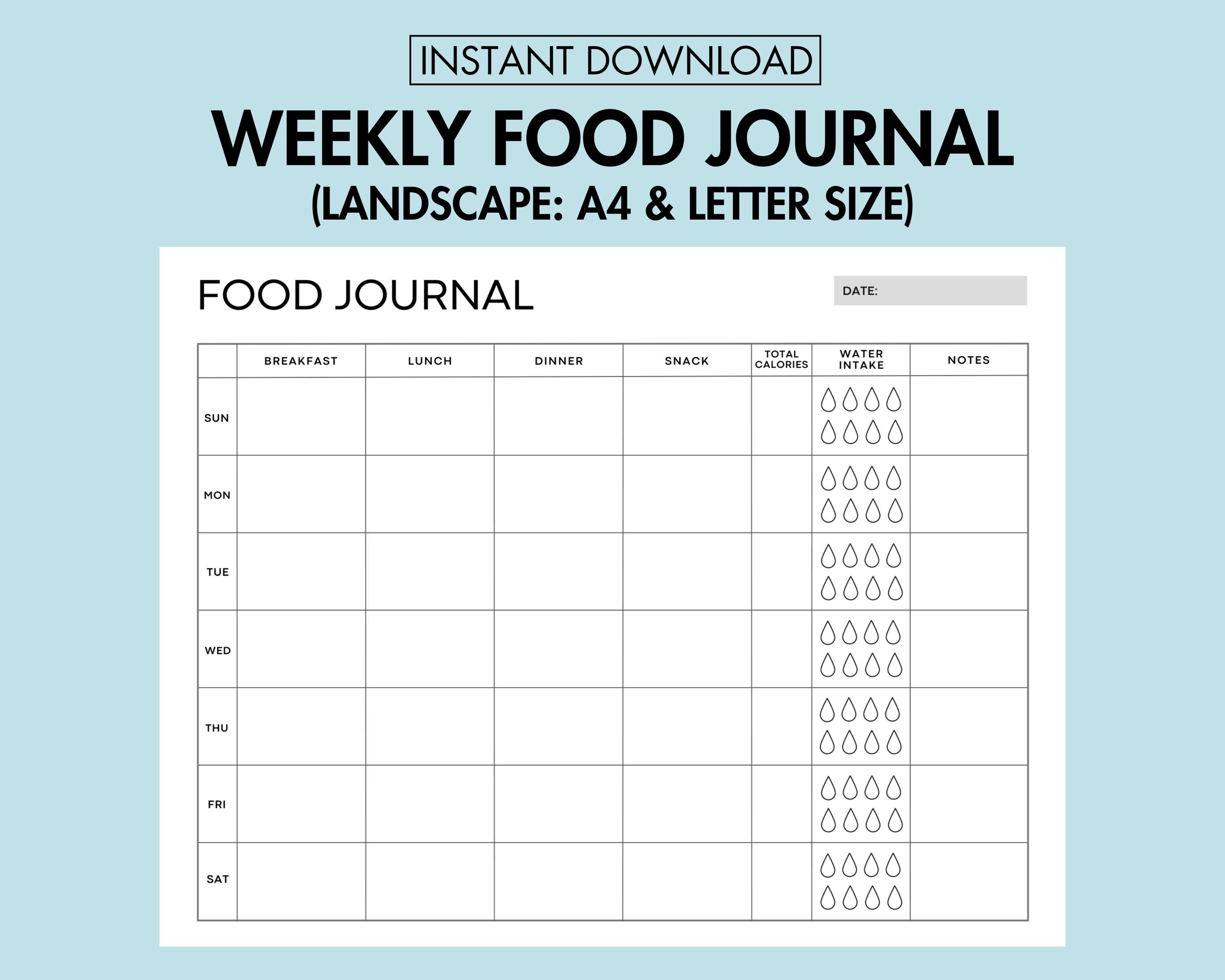 Weekly Food Journal Printable Meal Planner PDF Weekly Weight Loss ...