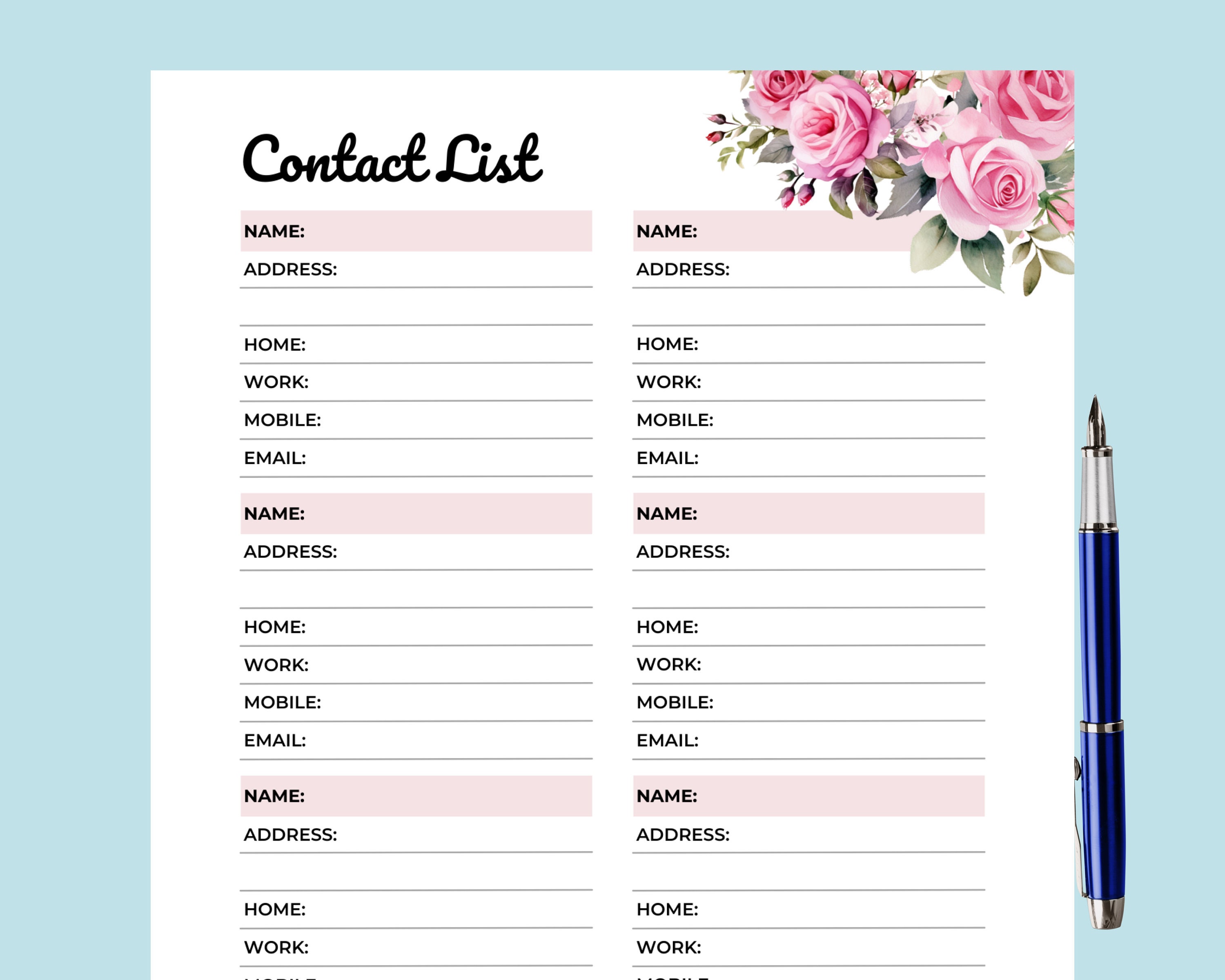 Contact List Printable Contact Organizer Address Book Pages, A5 Planner ...