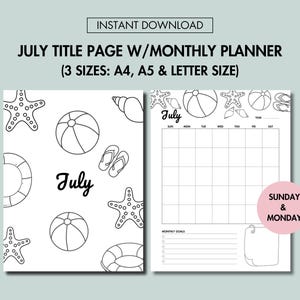 July Journal Title Page & July Monthly Planner Undated Printable July ...