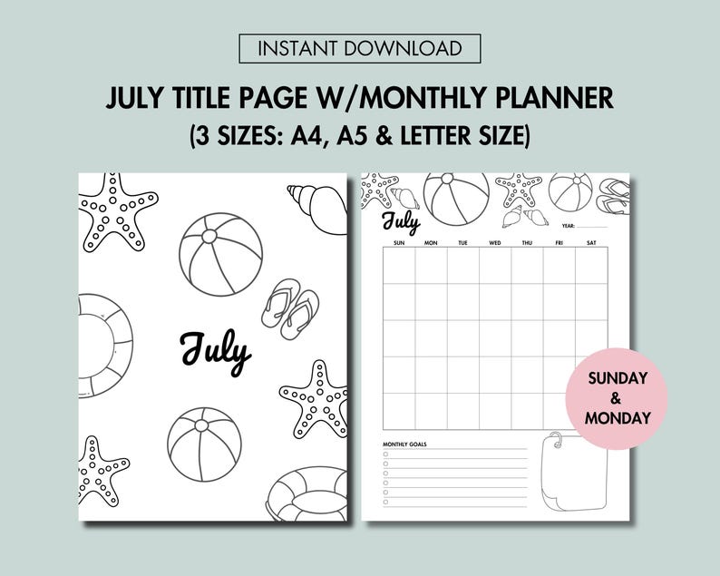 July Journal Title Page & July Monthly Planner Undated Printable July ...