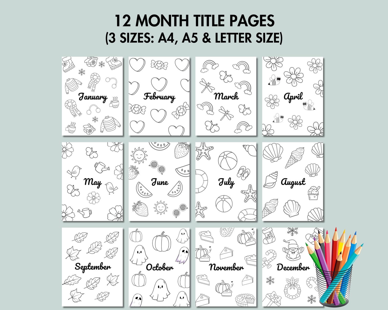 Monthly Journal Title Page and Undated Monthly Planner Set Printable ...