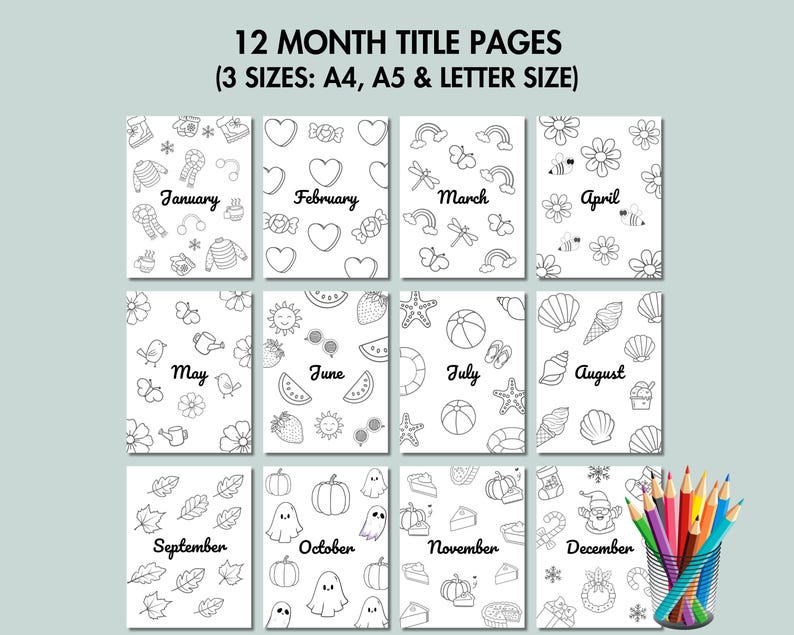 Monthly Journal Title Page and Undated Monthly Planner Set Printable ...
