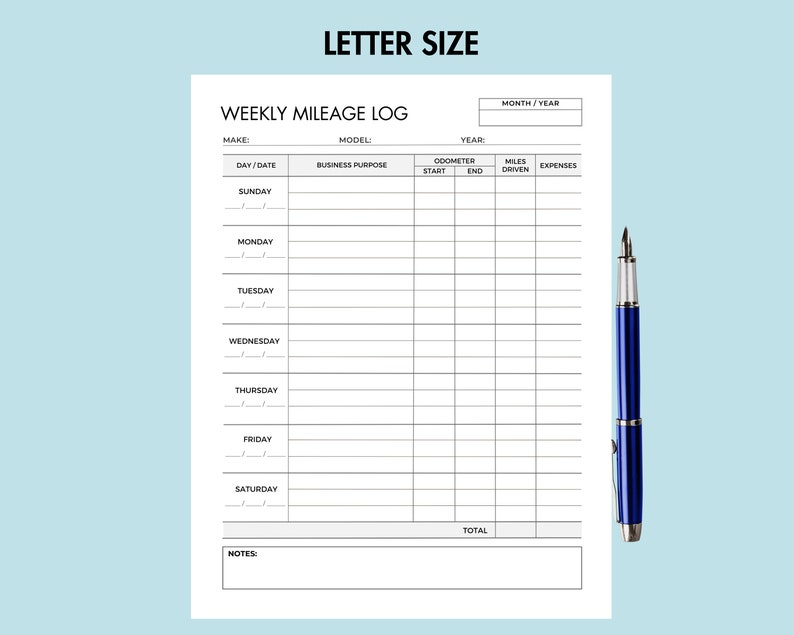Weekly Business Mileage Log Printable Weekly Mileage Log Tracker PDF ...