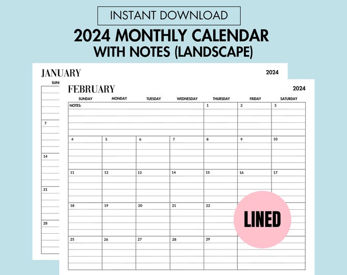 Lined Monthly Calendar, Portrait, Printable Download, Jan-dec - Etsy